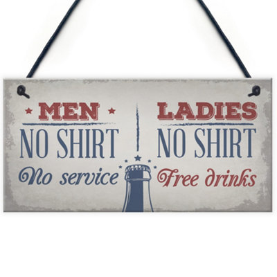 Red Ocean Gifts For Him Funny Pub Bar Wall Sign No Shirt Free Drinks ...