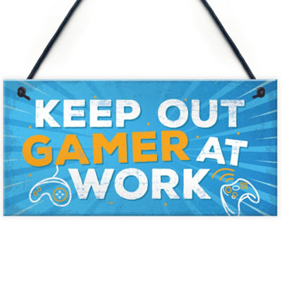 Red Ocean Keep Out Gamer At Work Man Cave Door Wall Plaque Dad Brother ...