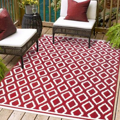 Red Outdoor Rug, Geometric Stain-Resistant Rug For Decks Garden Balcony ...