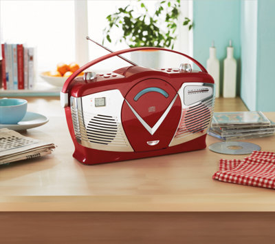 Red Retro Reverb CD Radio Boombox AM/FM, MP3 & USB Playback