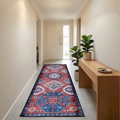 Red Square Bohemian-Style Non-Slip Hallway Runner 240cm W x 60cm D
