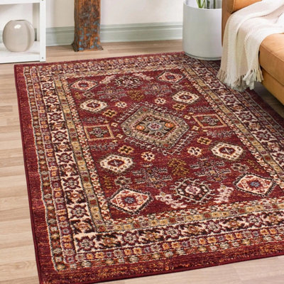 Red Traditional Bordered Floral Persian Polyester Rug for Living Room ...
