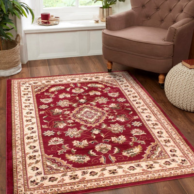 Red Traditional Bordered Floral Rug for Living Room Bedroom and Dining ...