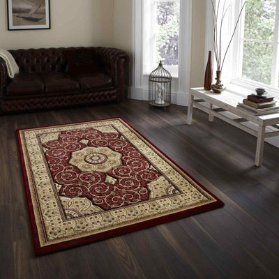 Red Traditional Easy to Clean Bordered Floral Rug For Dining Room-160cm ...