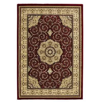 Red Traditional Easy to Clean Bordered Floral Rug For Dining Room-80cm ...