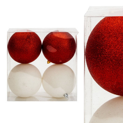 Red & White 10cm Baubles Assorted (4 Pack) - Christmas Tree Decorations ...