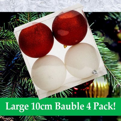 Red & White 10cm Baubles Assorted (4 Pack) - Christmas Tree Decorations