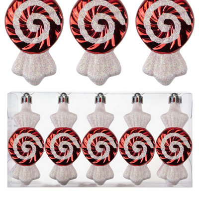 RED & WHITE 10CM SWEET SWIRL BAUBLES (5 PACK) - CHRISTMAS DECORATIONS