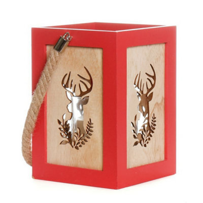 Red Wooden Decoration Stag Candle Lantern