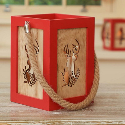 Red Wooden Decoration Stag Candle Lantern