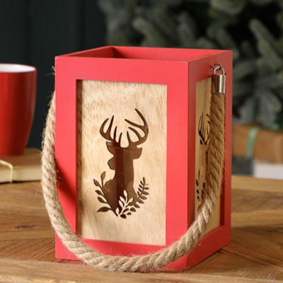 Red Wooden Decoration Stag Candle Lantern