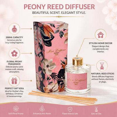 Reed Diffuser 200ml Peony Scent Home Fragrance with Reed Sticks Design ...
