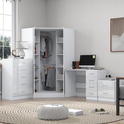 Reflect 2 Door Corner Wardrobe, 5 Drawer Chest, 2 Drawer Bedside & Desk ...