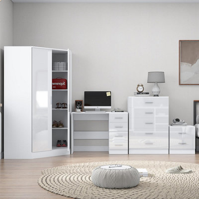 Reflect 2 Door Corner Wardrobe, 5 Drawer Chest, 2 Drawer Bedside & Desk ...