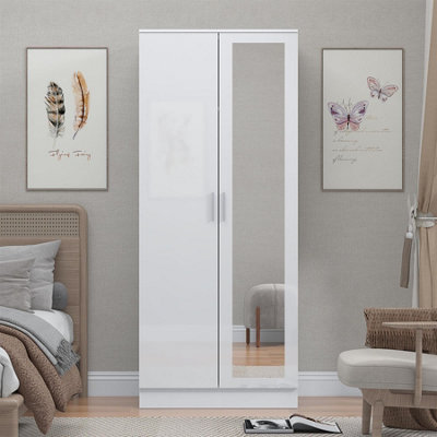 Reflect 2 Door Mirrored Wardrobe - White Gloss & Matt White - Hanging ...