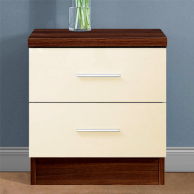 Reflect 2 Drawer Bedside - Cream Gloss & Walnut - Modern Nightstand for ...