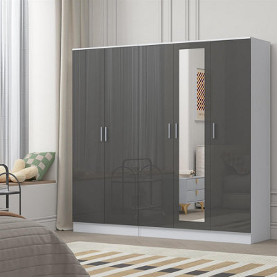 REFLECT - 3 Door MIRROR + 2 Door PLAIN Wardrobe - Gloss Grey / Matt White