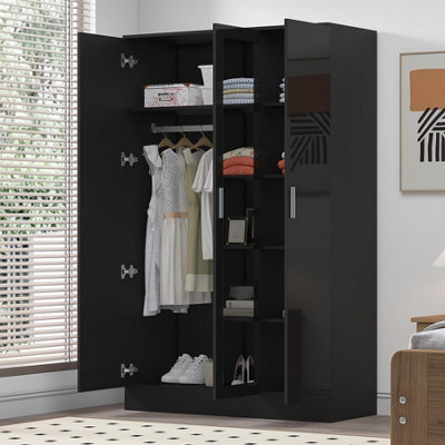 Reflect 3 Door Mirror Wardrobe - Black Gloss & Black Oak - Hanging Rail ...