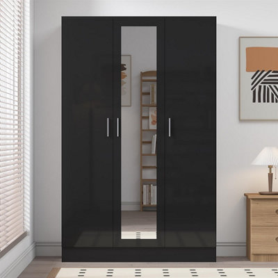 Reflect 3 Door Mirror Wardrobe - Black Gloss & Black Oak - Hanging Rail ...
