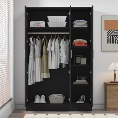 Reflect 3 Door Mirror Wardrobe - Black Gloss & Black Oak - Hanging Rail ...
