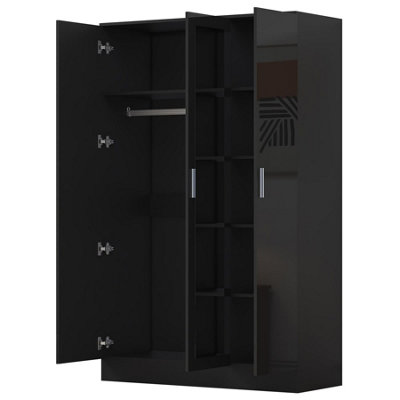 Reflect 3 Door Mirror Wardrobe - Black Gloss & Black Oak - Hanging Rail ...