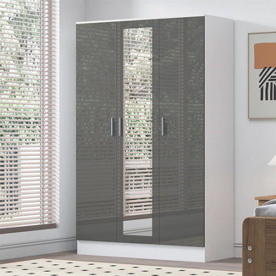Reflect 3 Door Mirror Wardrobe - Grey Gloss & Matt White - Hanging Rail ...