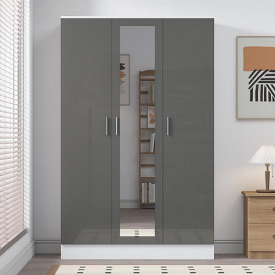 Reflect 3 Door Mirror Wardrobe - Grey Gloss & Matt White - Hanging Rail ...
