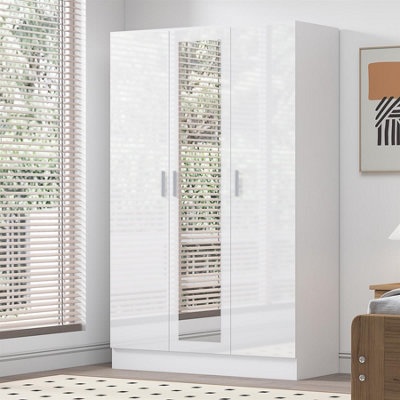 Reflect 3 Door Mirror Wardrobe-White Gloss & Matt White-Hanging Rail ...