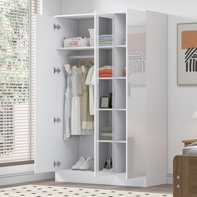 Reflect 3 Door Mirror Wardrobe-White Gloss & Matt White-Hanging Rail ...