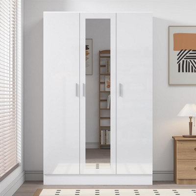 Reflect 3 Door Mirror Wardrobe-White Gloss & Matt White-Hanging Rail ...