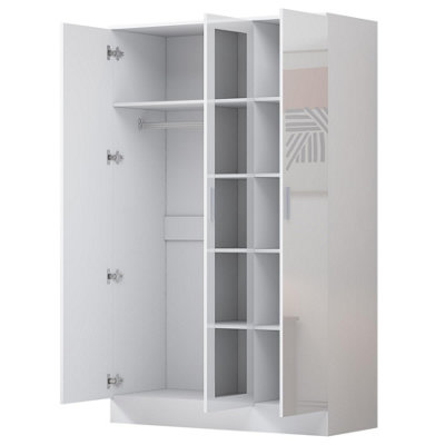 Reflect 3 Door Mirror Wardrobe-White Gloss & Matt White-Hanging Rail ...