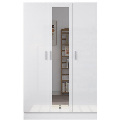 Reflect 3 Door Mirror Wardrobe-White Gloss & Matt White-Hanging Rail ...
