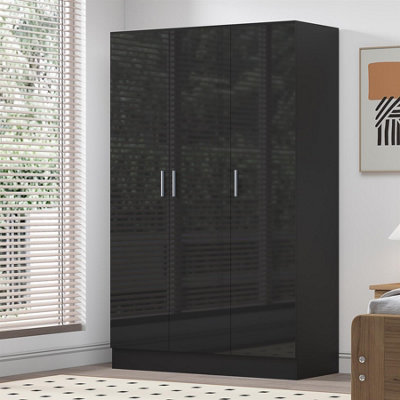 Reflect 3 Door Plain Wardrobe - Black Gloss & Black Oak - Hanging Rail ...