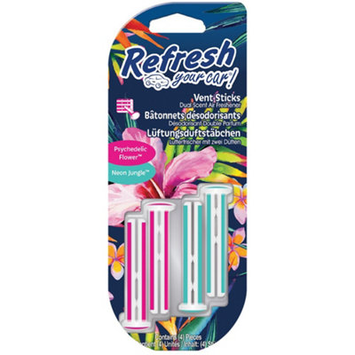 Refresh Car Air freshener Vent Stick Psychedelic Flower/Neon Jungle, 4pk