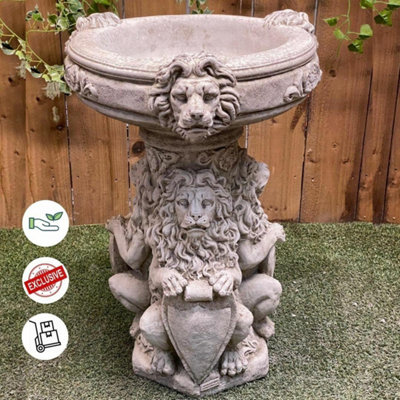 Regal Three Lions Stone cast Birdbath