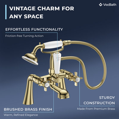 Regency Traditional Bath Shower Mixer Tap with Kit - Brushed Brass
