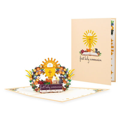 RELIGIOUS SYMBOLS & FLORAL FIRST HOLY COMMUNION POP-UP CARD