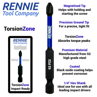Rennie Tools 10 Pack PZ2 x 75mm Long Magnetic Impact Driver Screwdriver ...