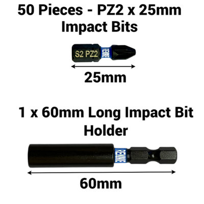 Rennie Tools 51 Pack PZ2 x 25mm Long Impact Driver Screwdriver Bits Set ...