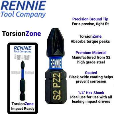 Rennie Tools 51 Pack PZ2 x 25mm Long Impact Driver Screwdriver Bits Set ...