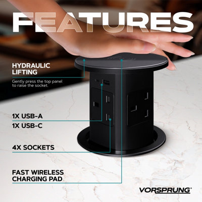 Retractable Pop Up Sockets w/ Wireless Charging Pad - 4x UK Plugs - 2 x ...