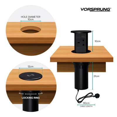 Retractable Pop Up Sockets w/ Wireless Charging Pad - 4x UK Plugs - 2 x ...