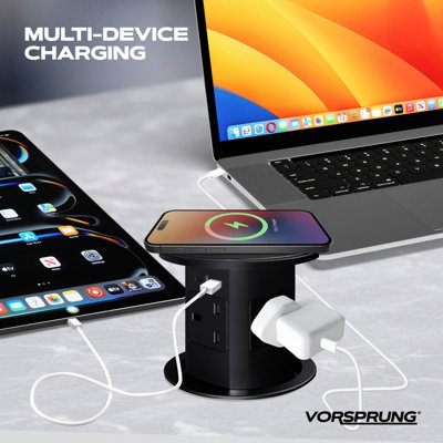 Retractable Pop Up Sockets w/ Wireless Charging Pad - 4x UK Plugs - 2 x ...