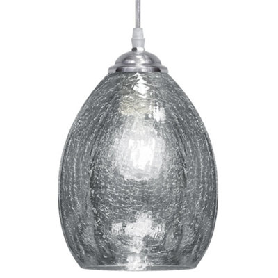 Retro Chrome Ceiling Pendant Light Fixture Grey Cracked Glass Oval Lamp ...