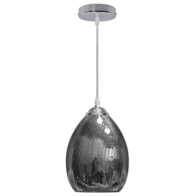 Retro Chrome Ceiling Pendant Light Fixture Grey Cracked Glass Oval Lamp ...