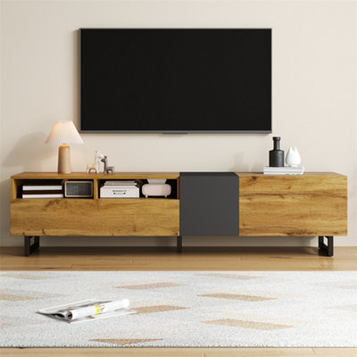 Retro Colourblock TV Unit, Contrast Wood Grain Design with 3 Doors & 2 ...