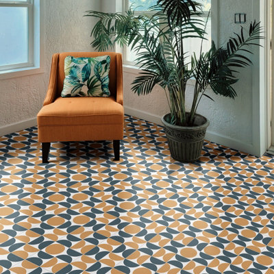 Retro Geo Tile Vinyl by Remland (Ochre Terracotta & Navy, 4m x 2m ...