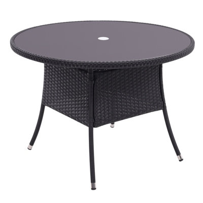 Retro Round Garden Wicker Rattan Tempered Glass Top Outdoor Patio Dinging Table with Parasol Hole Black 105 cm