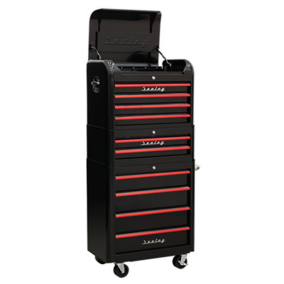 Retro Style Topchest, Mid-Box & Rollcab Combination 10 Drawer Black&Red ...