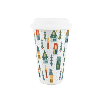REUSABLE CHRISTMAS CERAMIC TRAVEL MUG - CHRISTMAS HOUSES FESTIVE DESIGN ...
